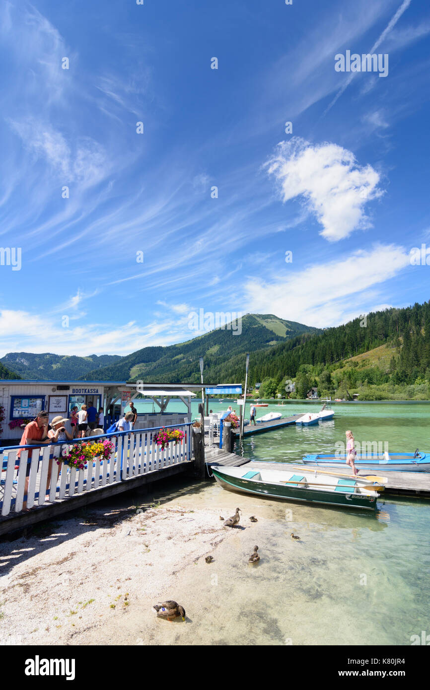 lake Erlaufsee, mountain Gemeindealpe, beach, bather, boat rental ...