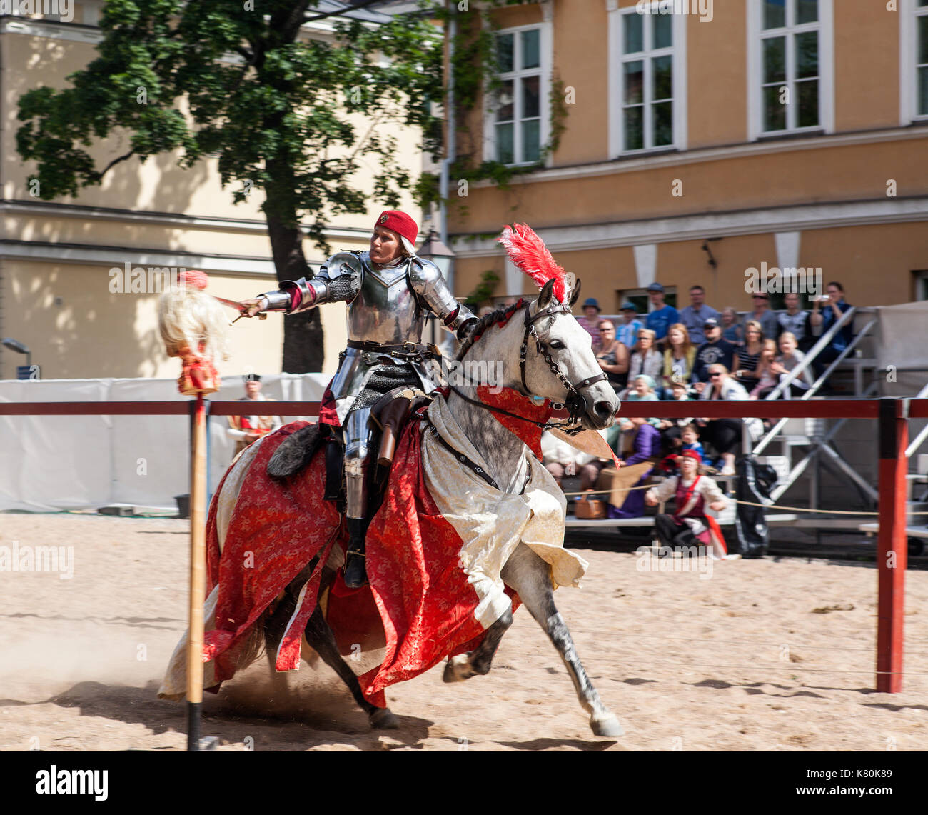 TURKU, FINLAND ON JUNE 30, 2017. Knights during a performance, show ...