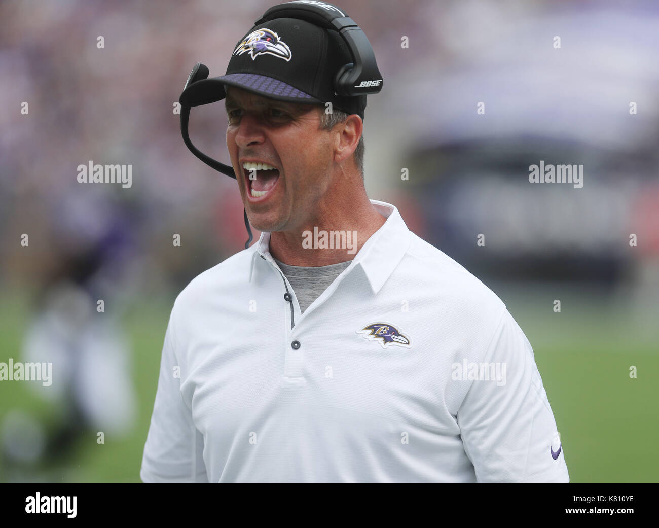 Baltimore Ravens head coach John Harbaugh reacts after his team forces ...