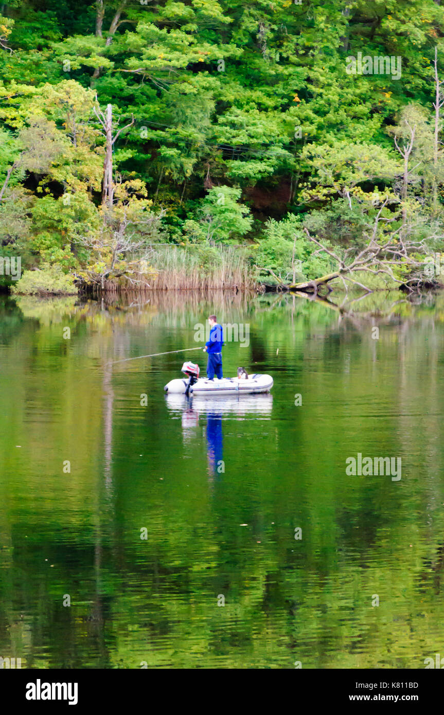 Loch Ard, Scotland, UK. 17th September, 2017. UK Weather: One man ...