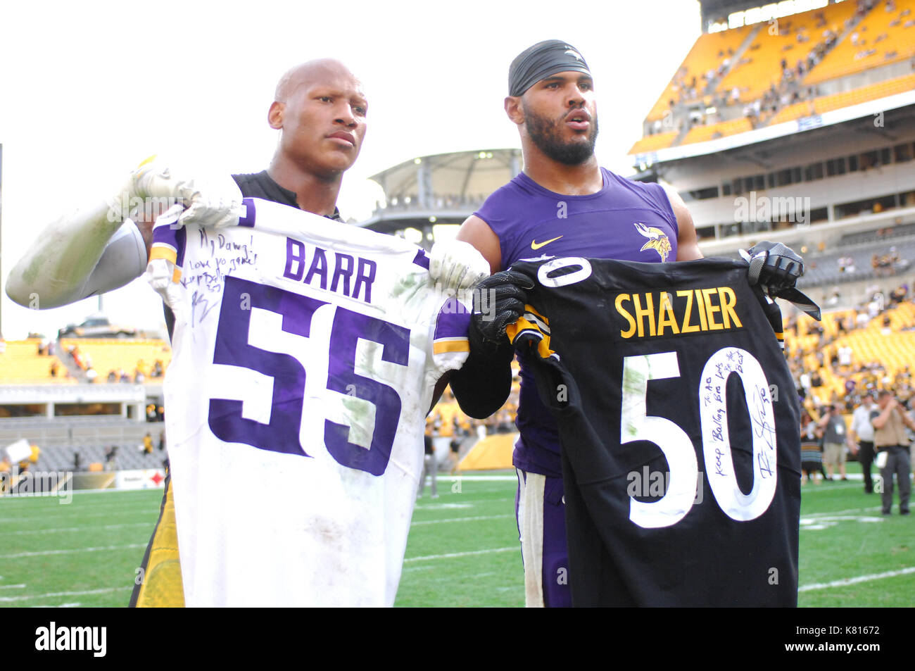 Pittsburgh, PA, USA. 17th Sep, 2017. Anthony Barr #55, and Ryan Shazier ...
