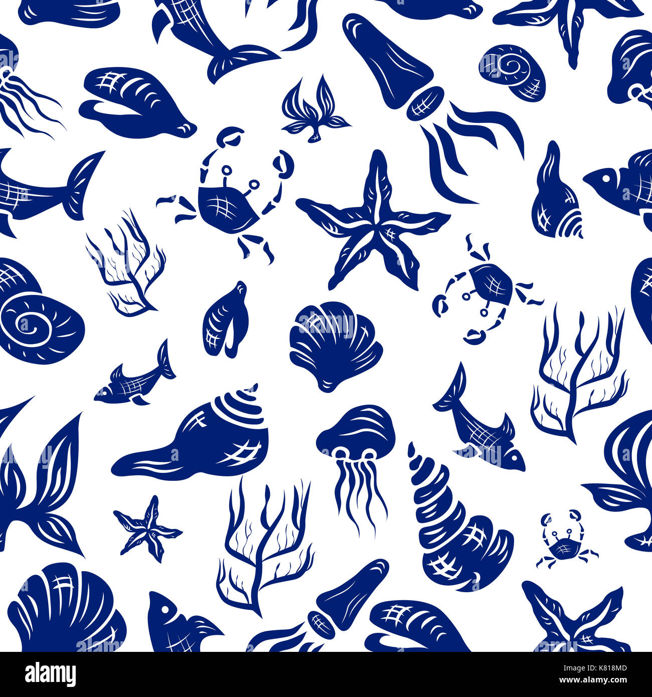 Marine Life Seamless Pattern. Underwater World collection. Icons and ...