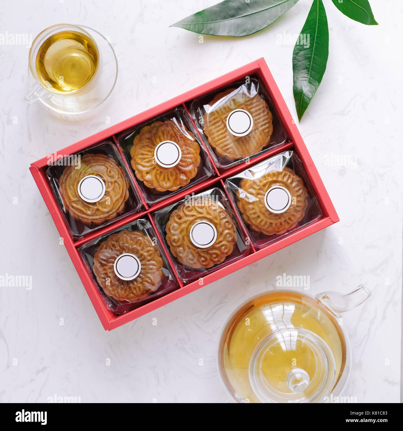 Mid-autumn festival mooncake minimalist style tea party table. Flat lay ...