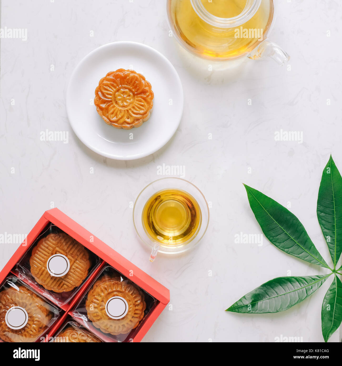 Mid-autumn festival mooncake minimalist style tea party table. Flat lay ...