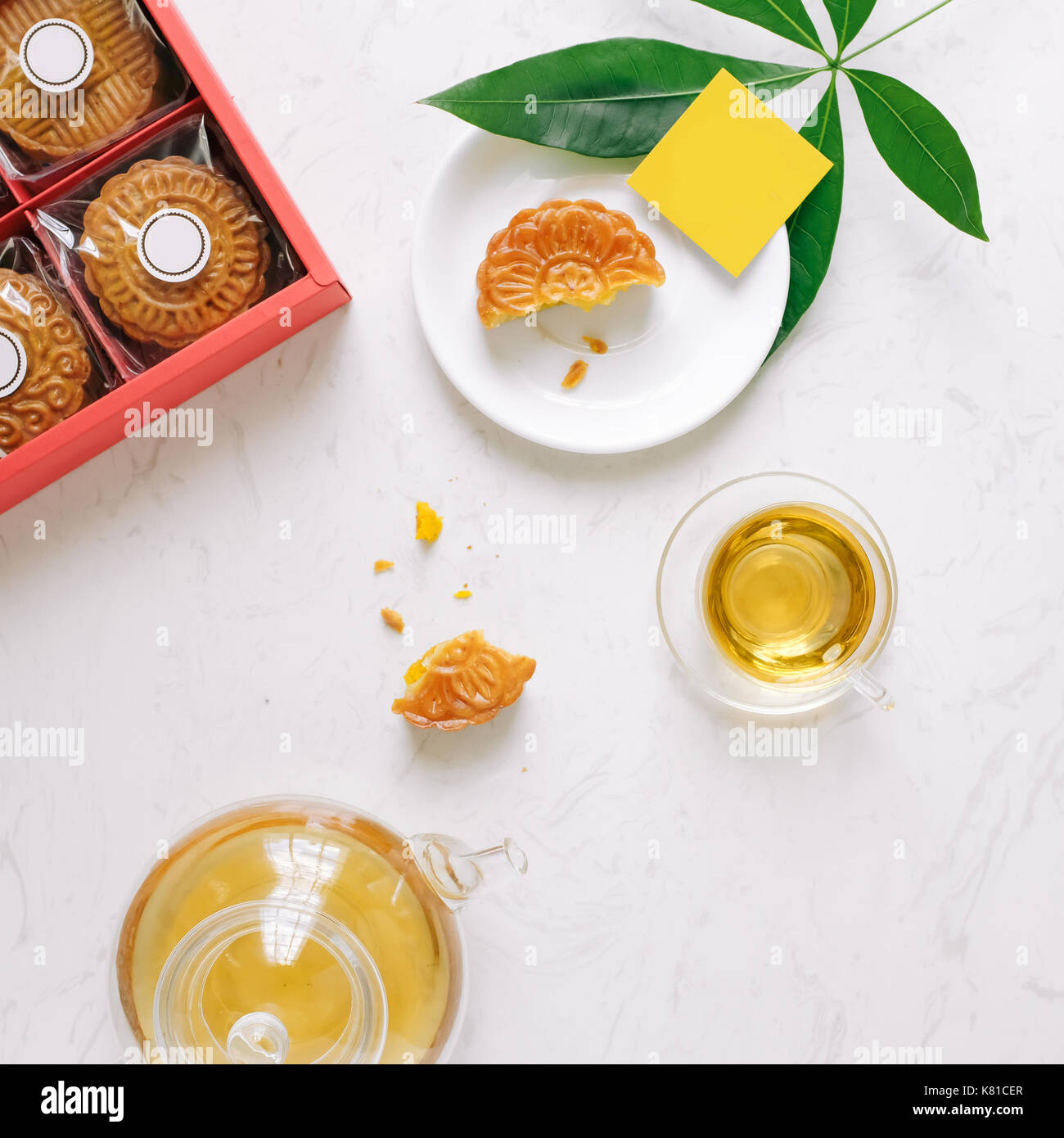 Mid-autumn festival mooncake minimalist style tea party table. Flat lay ...