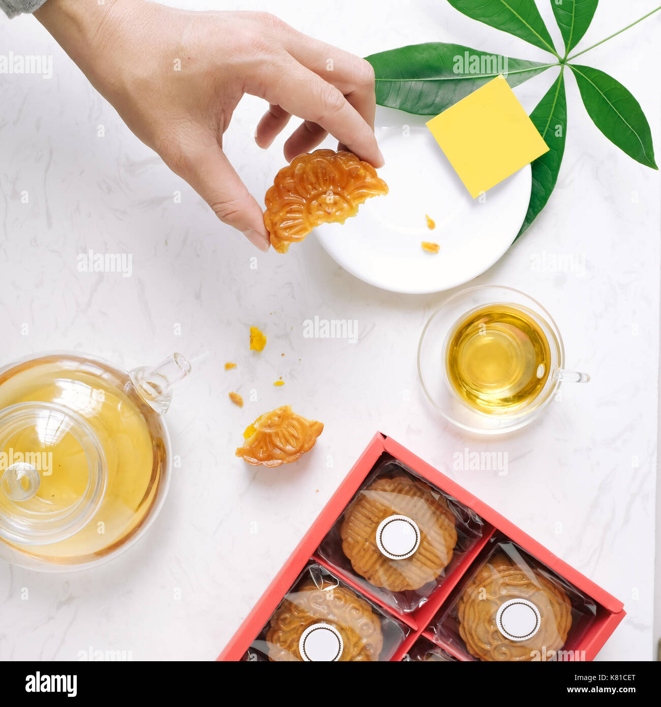 Mid-autumn festival mooncake minimalist style tea party table. Flat lay ...