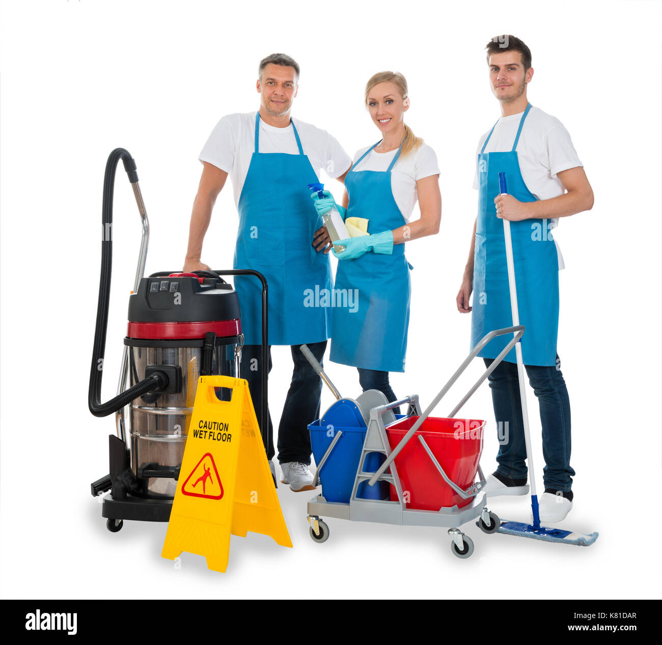 Group Of Janitors With Cleaning Equipments Over White Background Stock ...