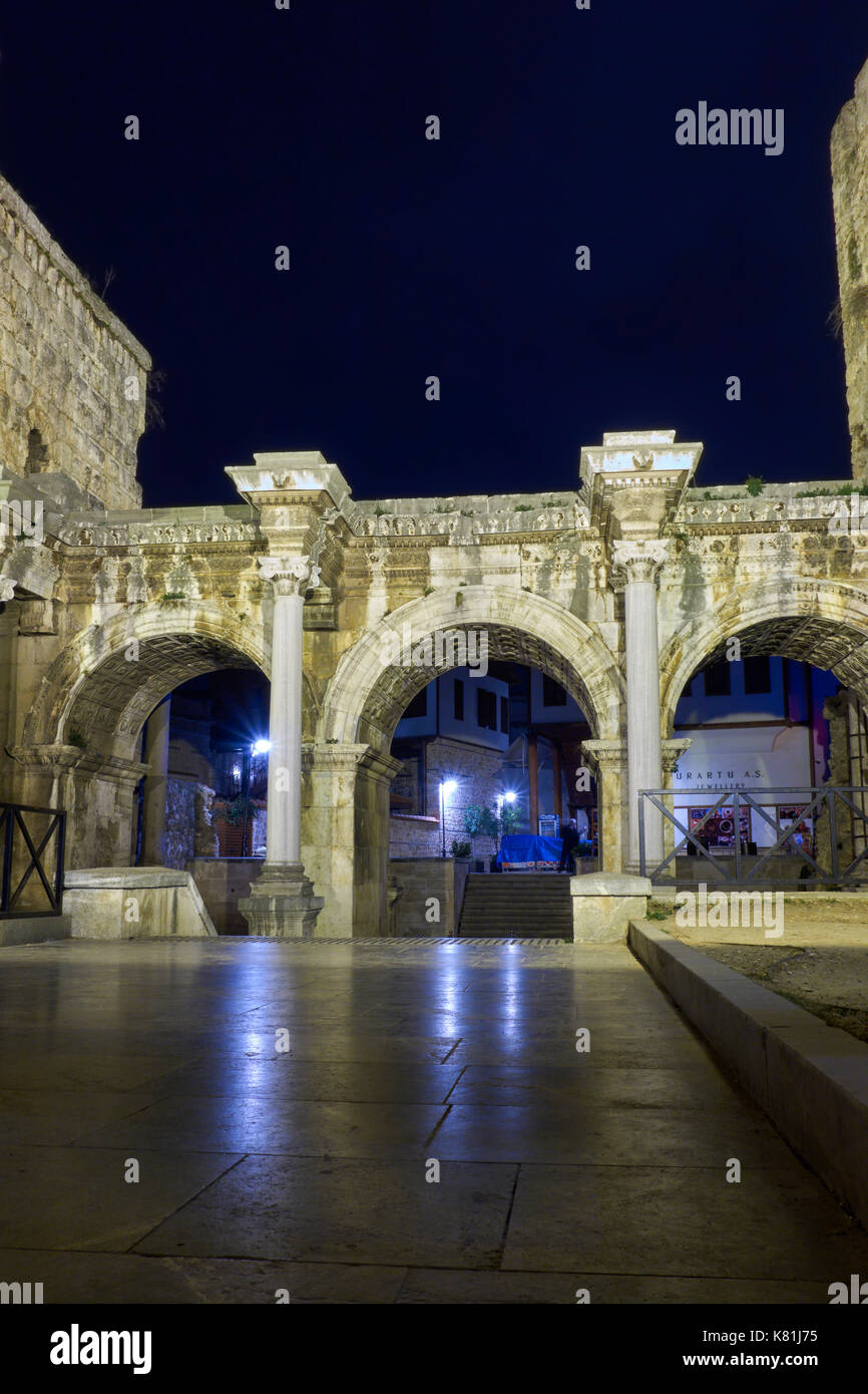 Historic Hadrian's Gate in old city of Antalya at night, built in 130 ...