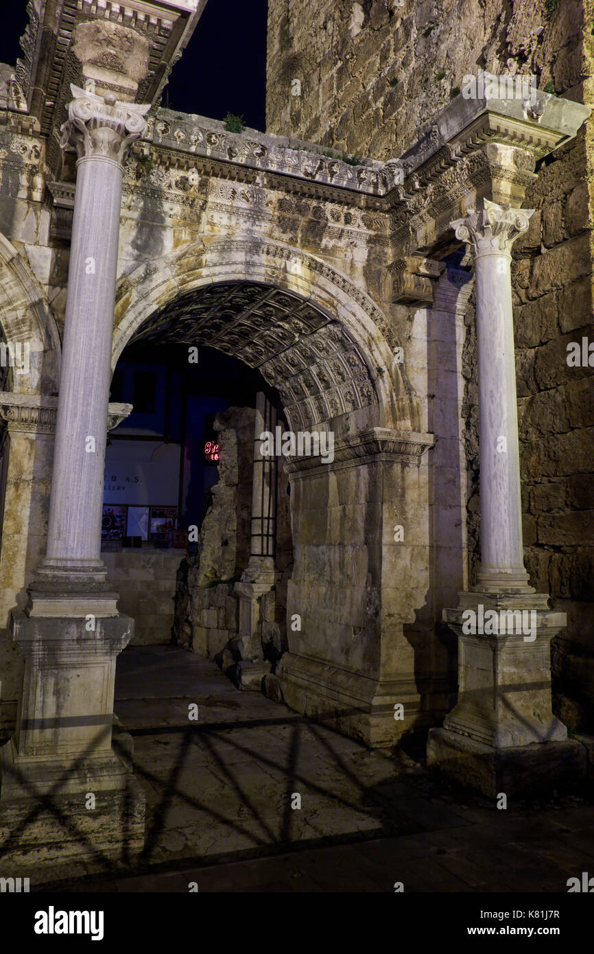 Historic Hadrian's Gate in old city of Antalya at night, built in 130 ...