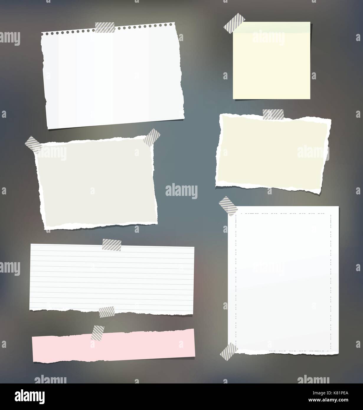 Torn note, notebook, copybook paper strips, sheets stuck with sticky ...