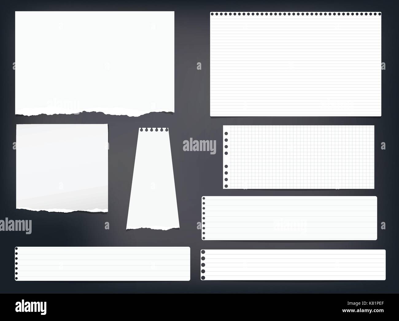 Ripped note, notebook, copybook paper strips, sheets stuck on black ...