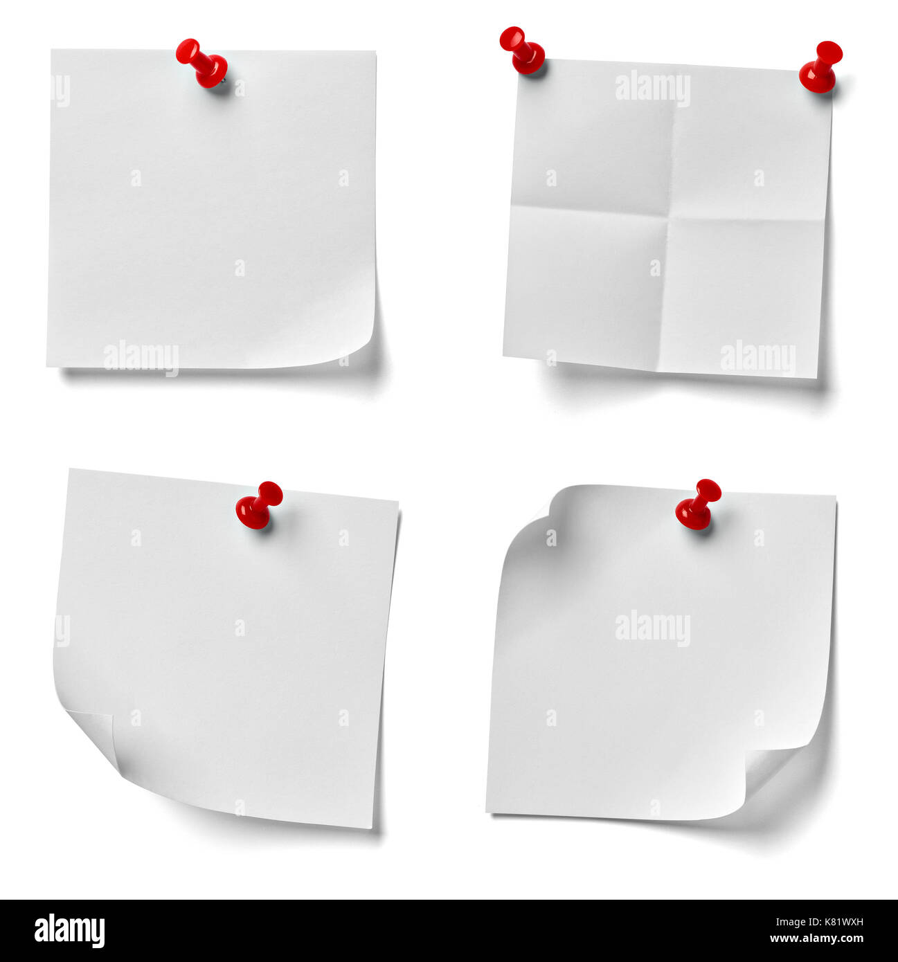 collection of various note paper with a red push pin on white ...