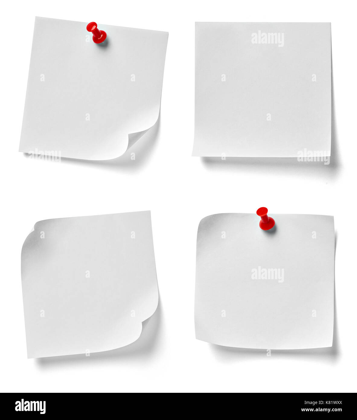 collection of various note paper with a red push pin on white ...