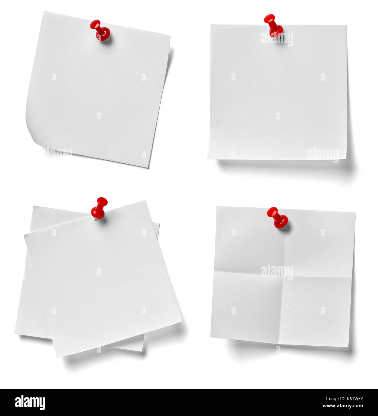 collection of various note paper with a red push pin on white ...