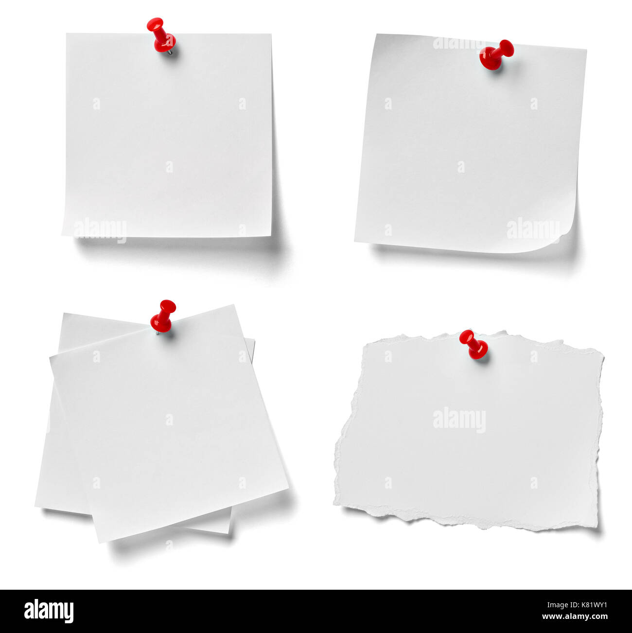 collection of various note paper with a red push pin on white ...