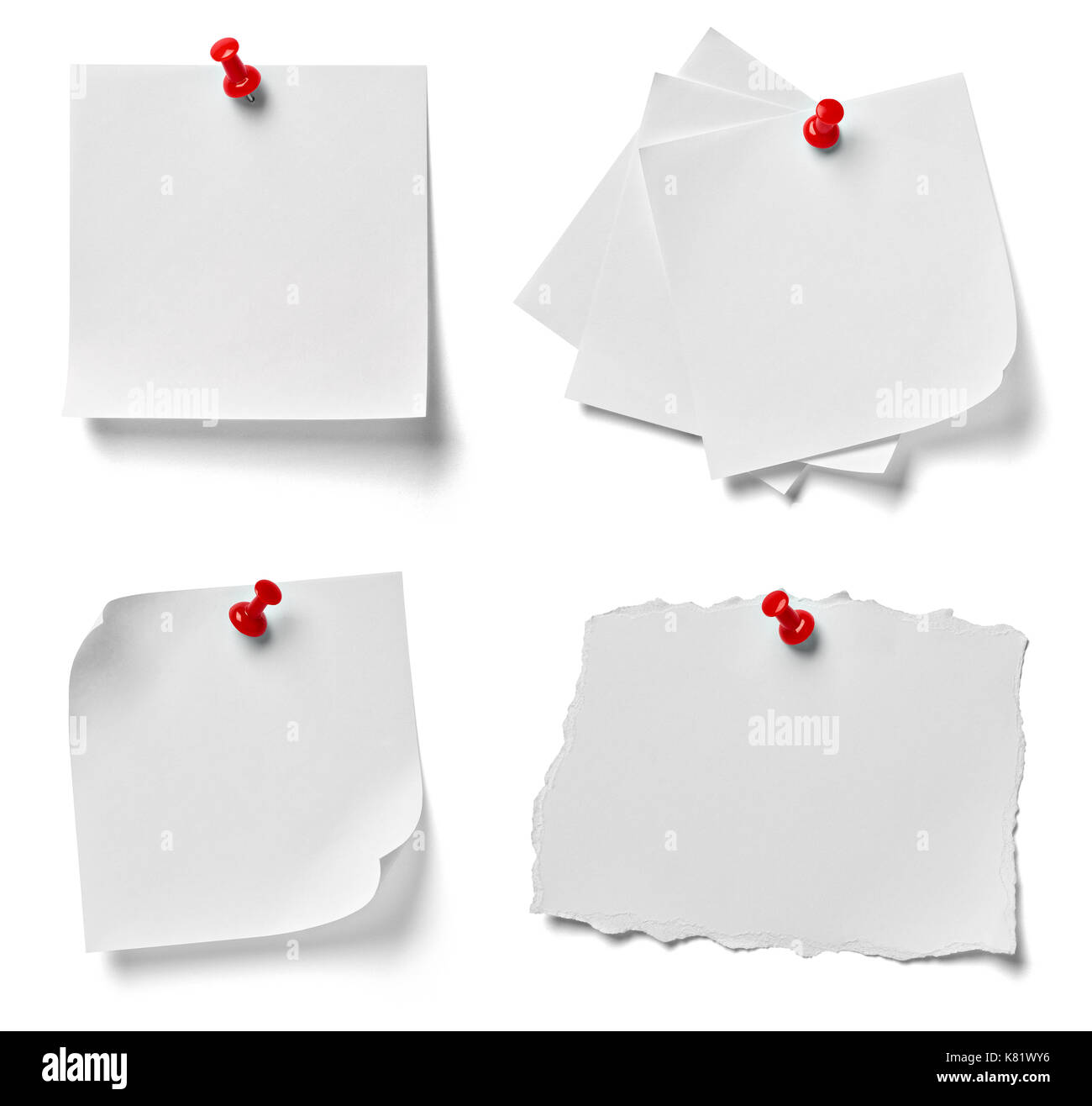 collection of various note paper with a red push pin on white ...