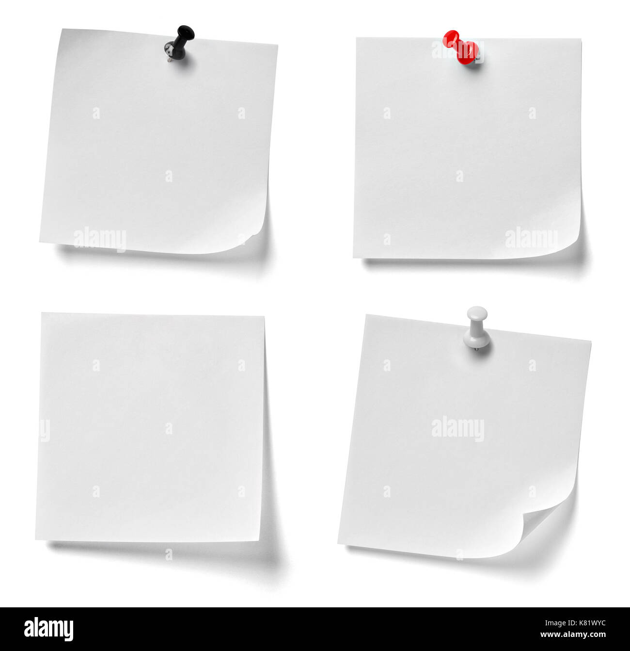 collection of various note paper with a red push pin on white ...