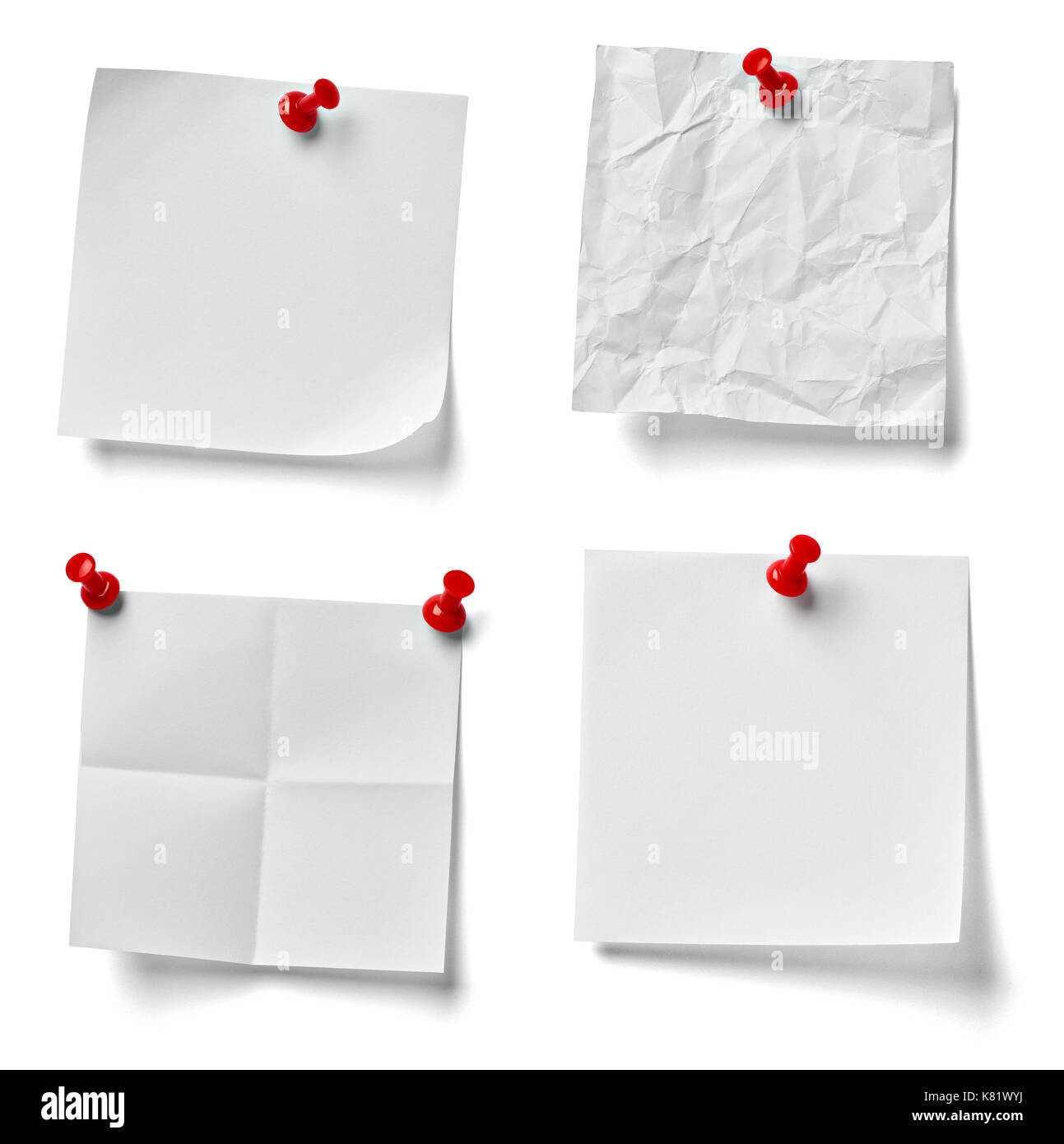 collection of various note paper with a red push pin on white ...