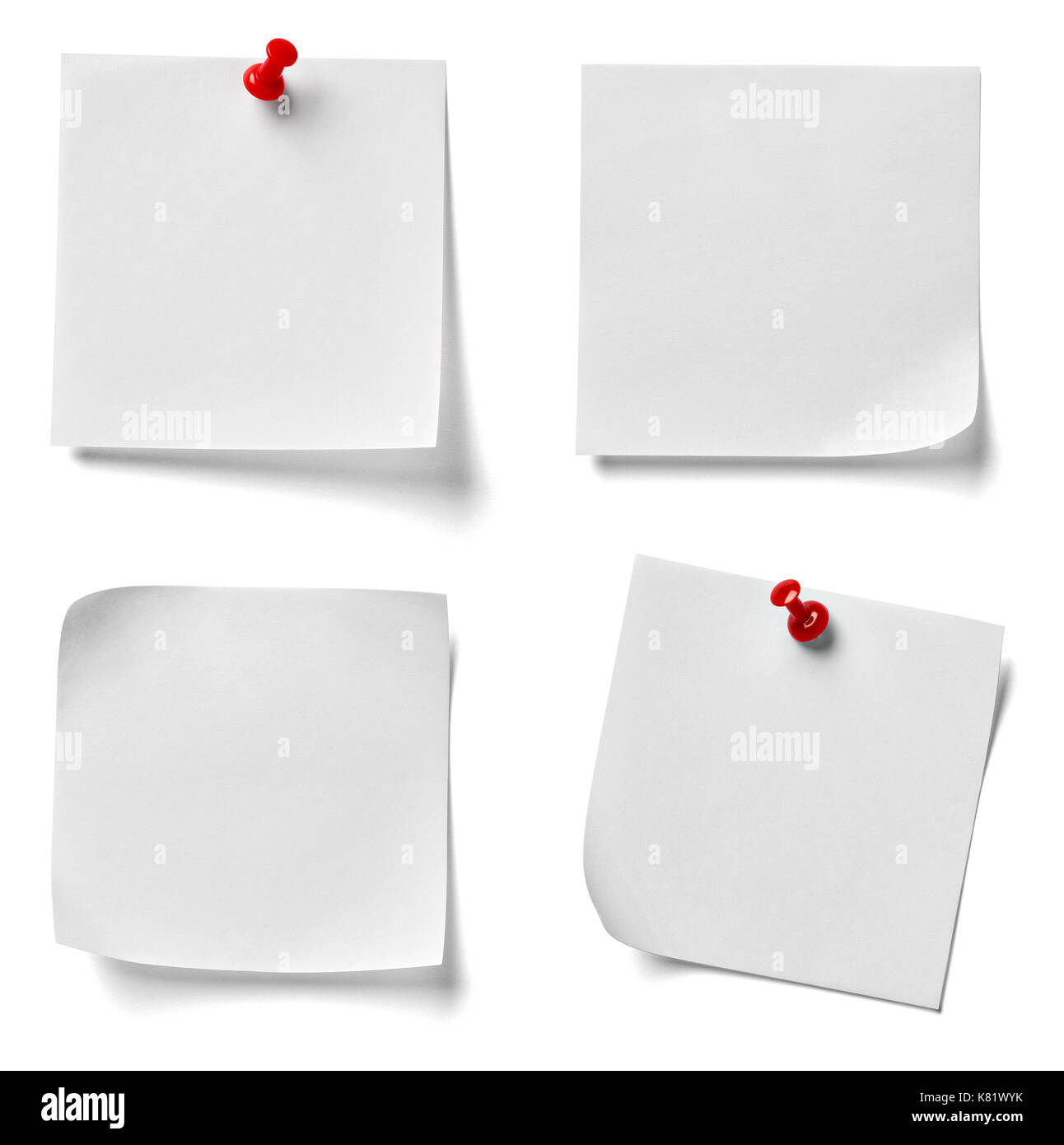 collection of various note paper with a red push pin on white ...