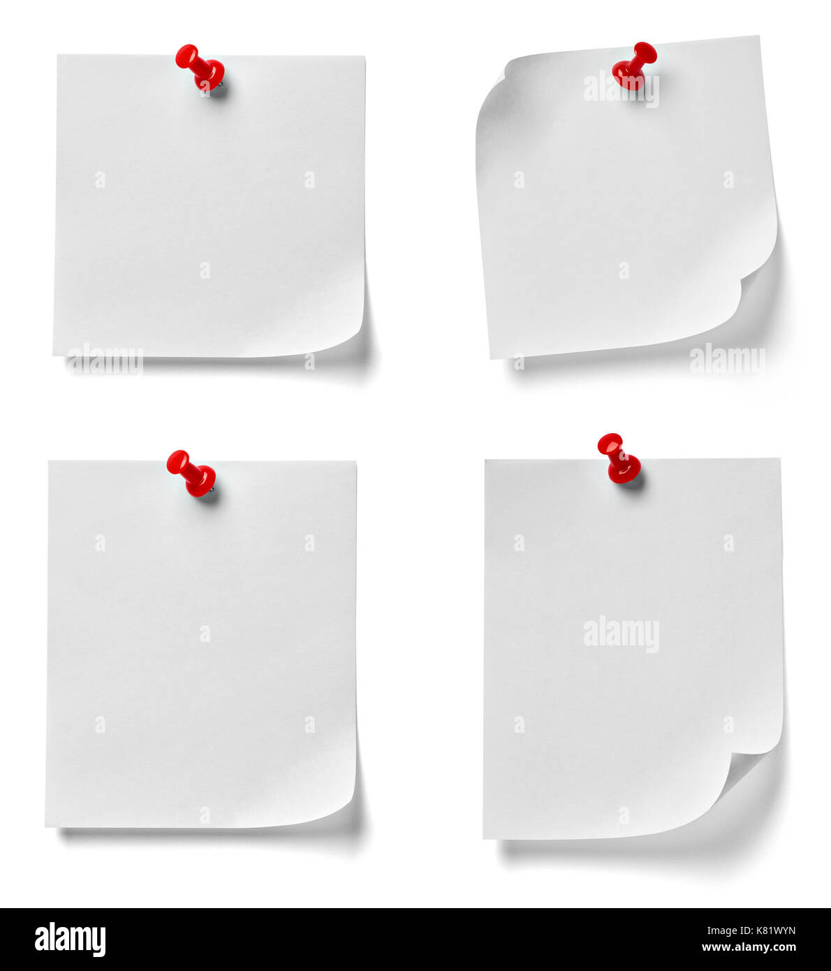 collection of various note paper with a red push pin on white ...