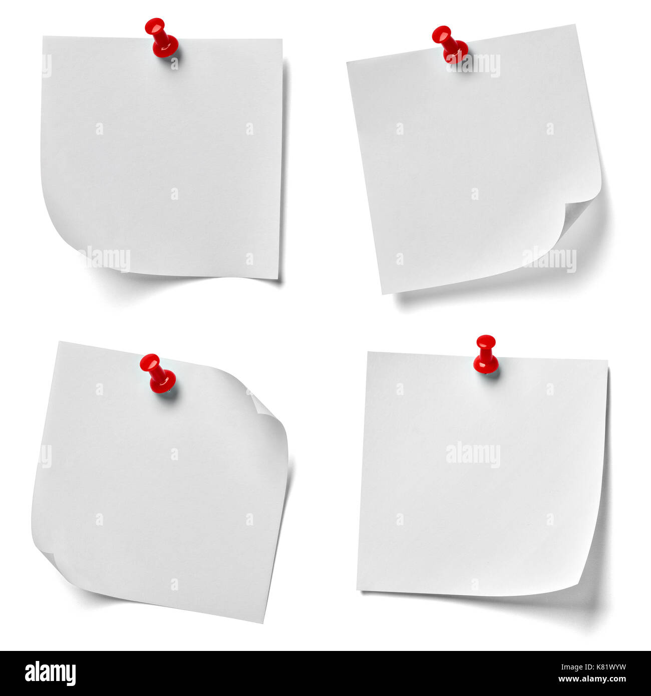 collection of various note paper with a red push pin on white ...
