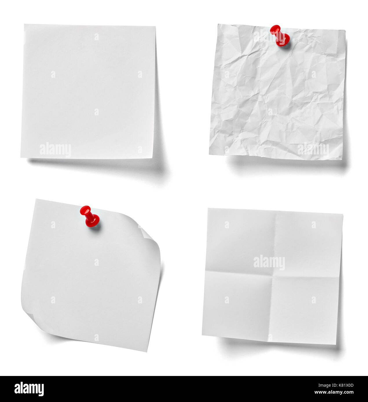 collection of various note paper with a red push pin on white ...