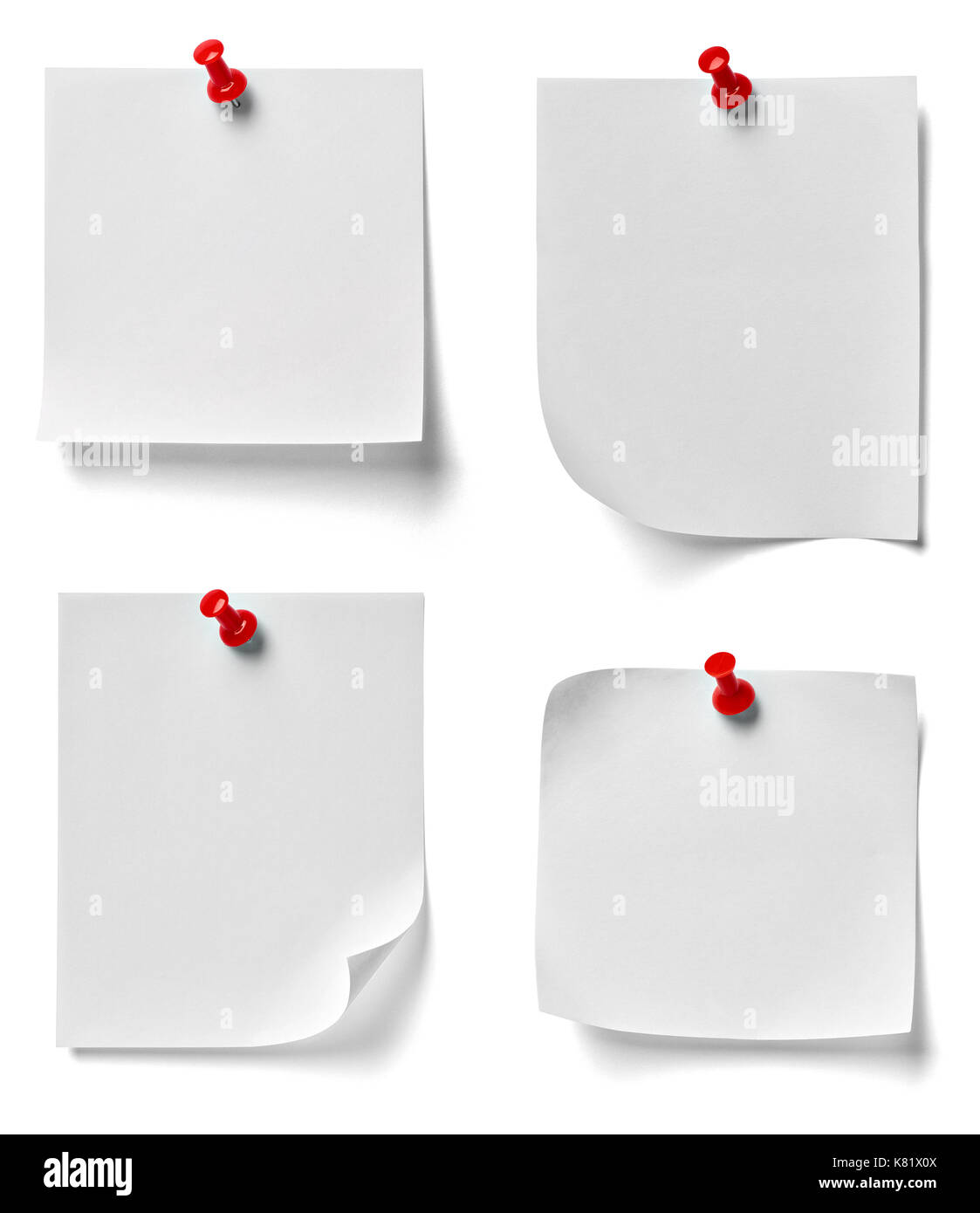collection of various note paper with a red push pin on white ...