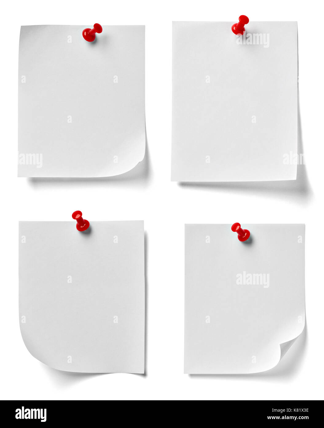 collection of various note paper with a red push pin on white ...