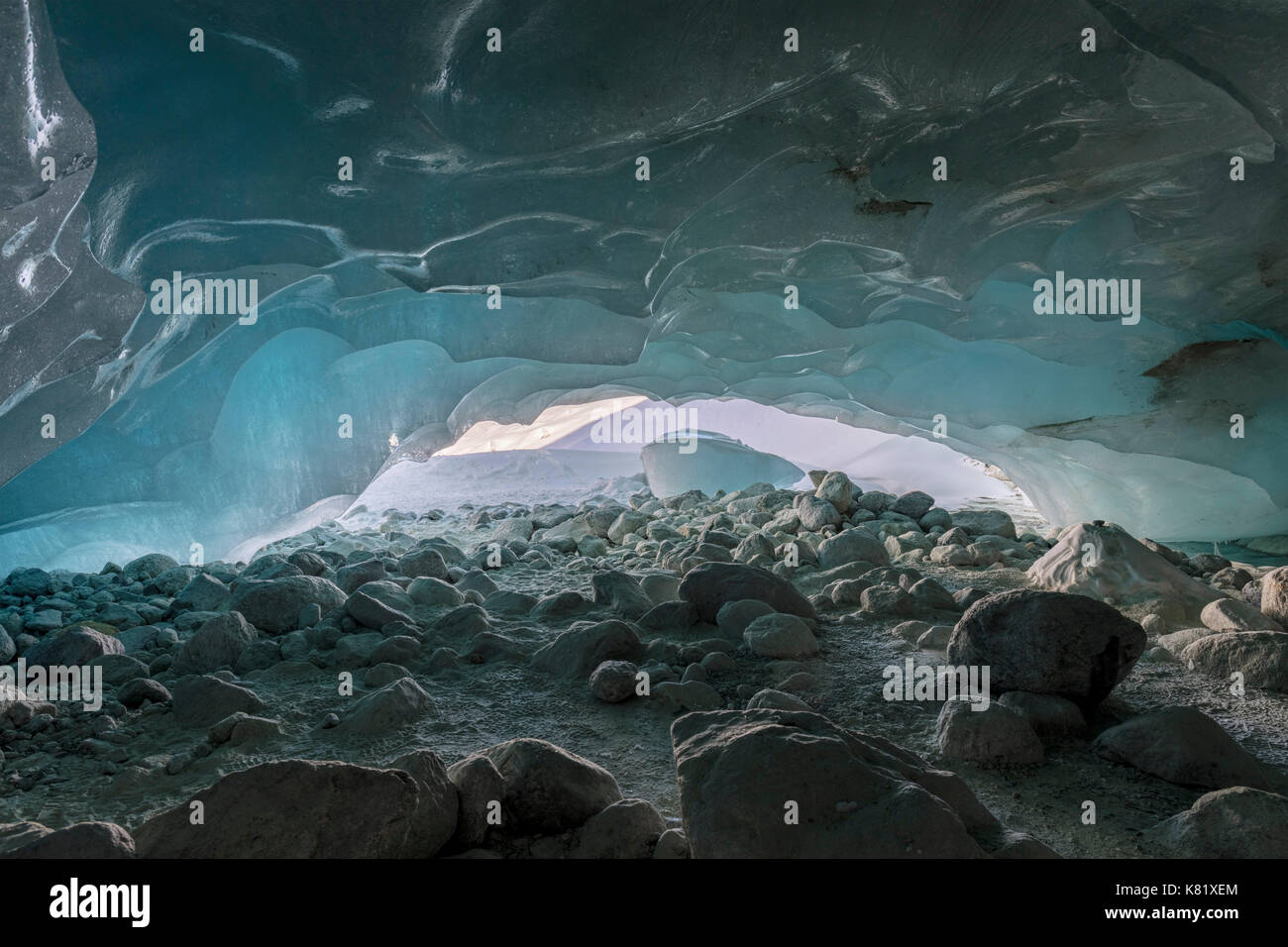 Ice cover in the glacier cave, Zinal Glacier, Zinal, Val d' Anniviers ...