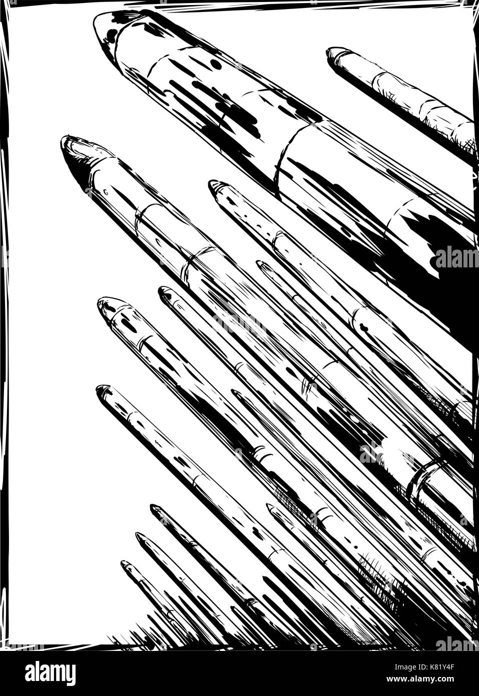 Hand drawn outline of nuclear missiles pointing upward Stock Photo - Alamy
