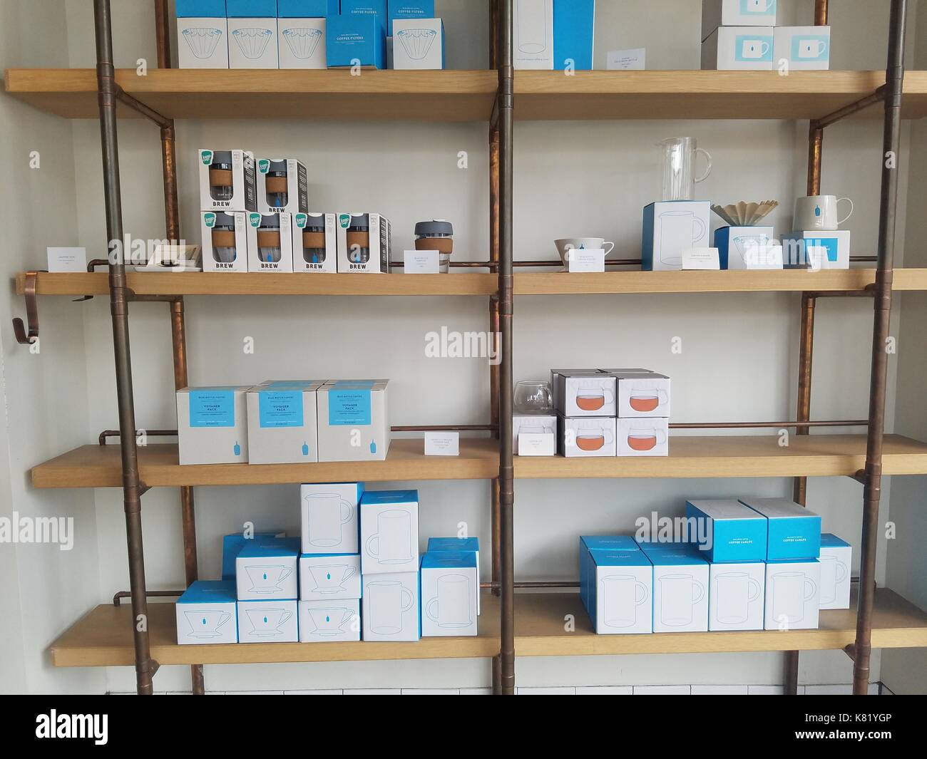 Los Angeles, SEP 17: Interior view of The famous Blue bottle store on ...