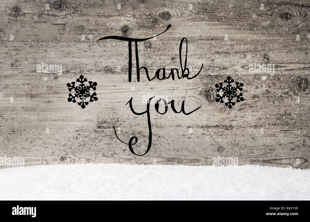 Calligraphy Thank You, Rustic Wooden Background, Snow Stock Photo - Alamy