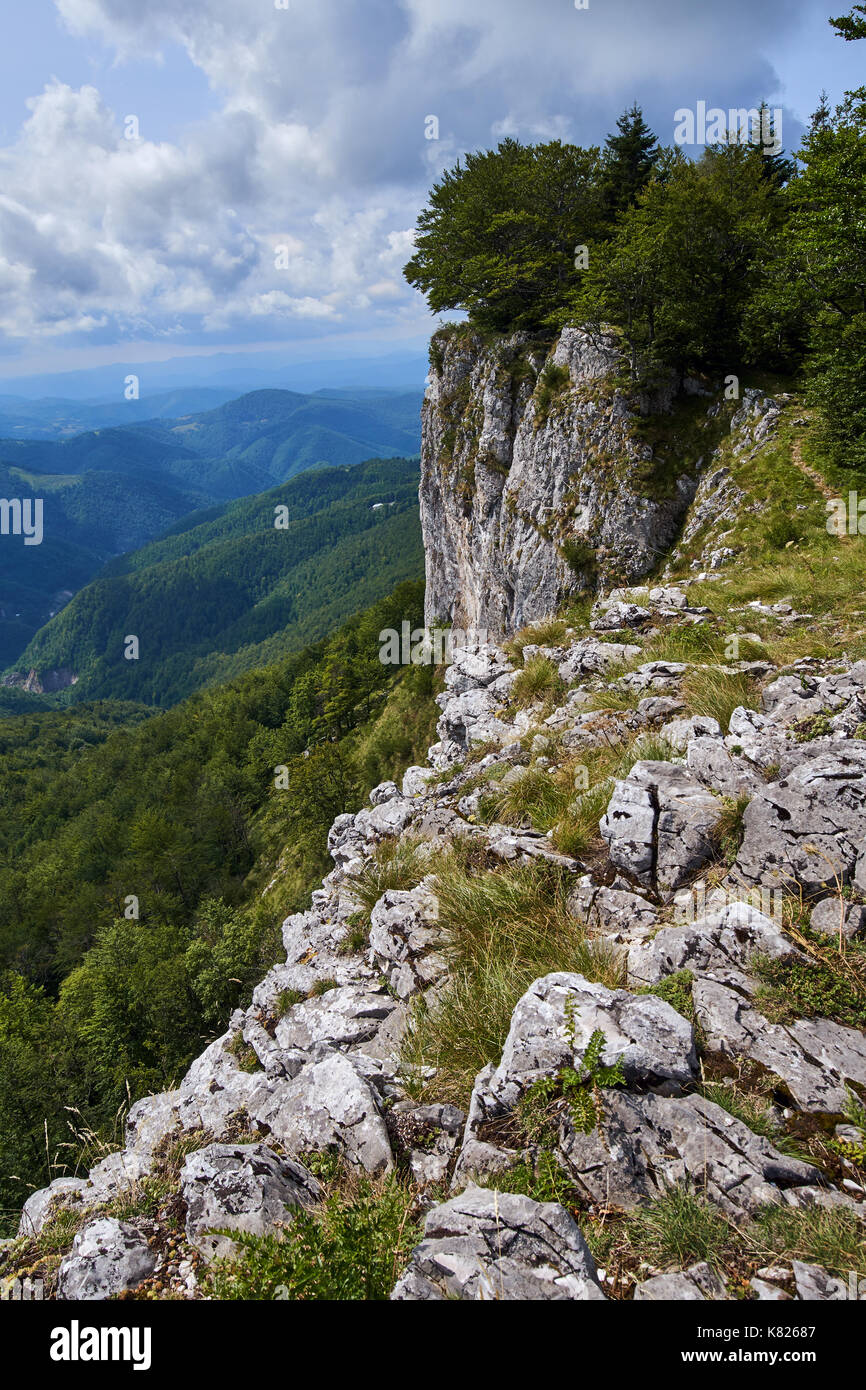 Landscape with limestone mountains covered in deciduous forests Stock ...