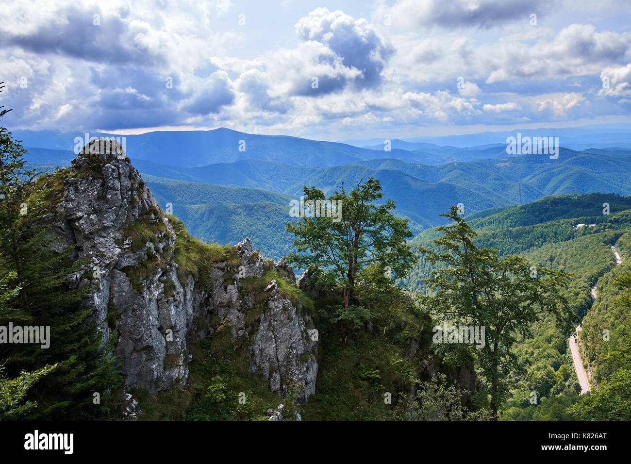 Landscape with limestone mountains covered in deciduous forests Stock ...