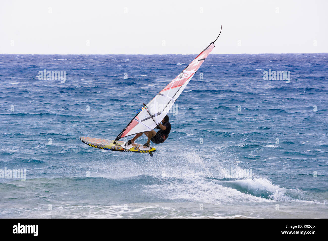 windsurfer that drives its windsurfing speed through the sparkling ...
