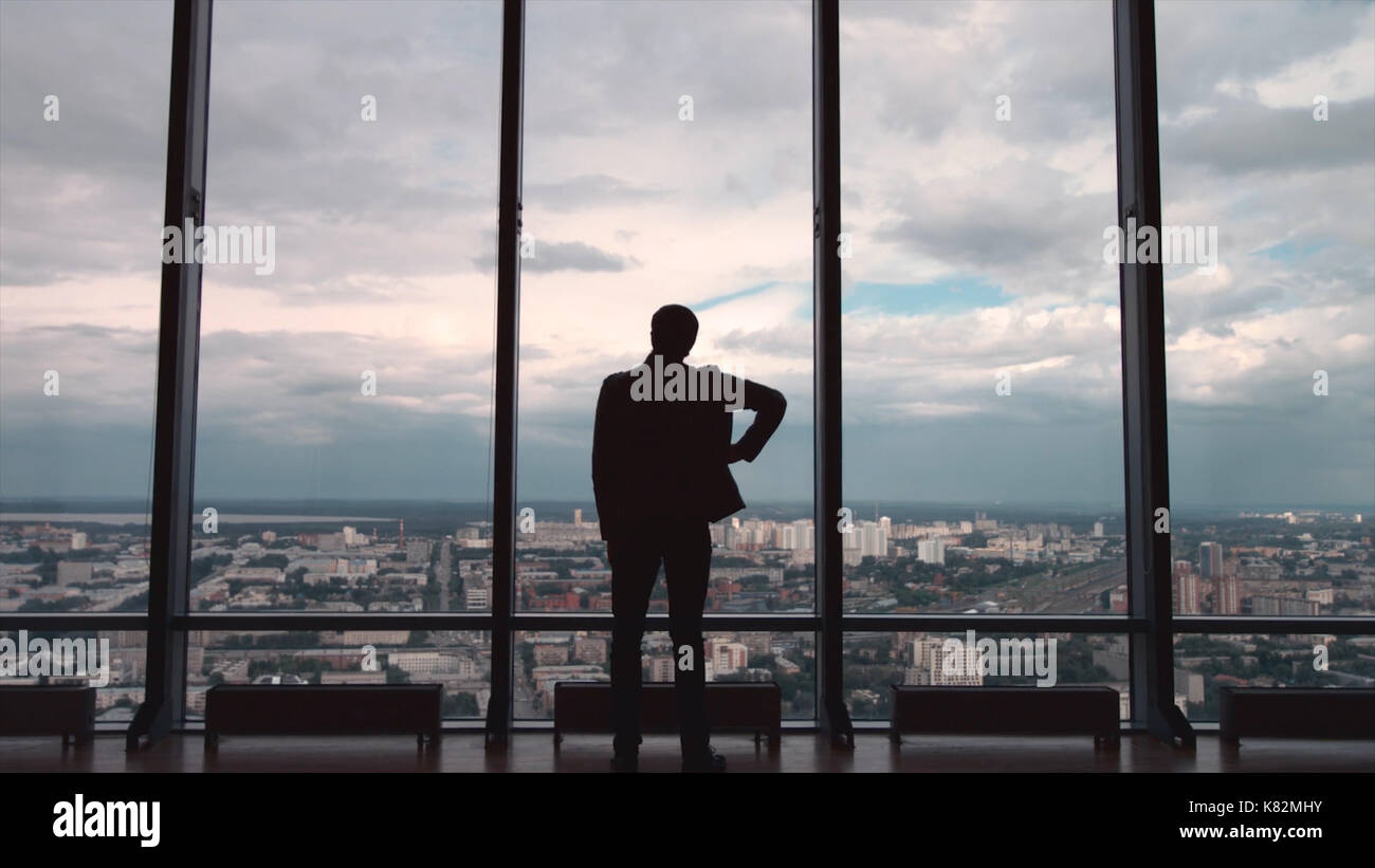 Rear view of man in formal suites who stand in front of panoramic ...