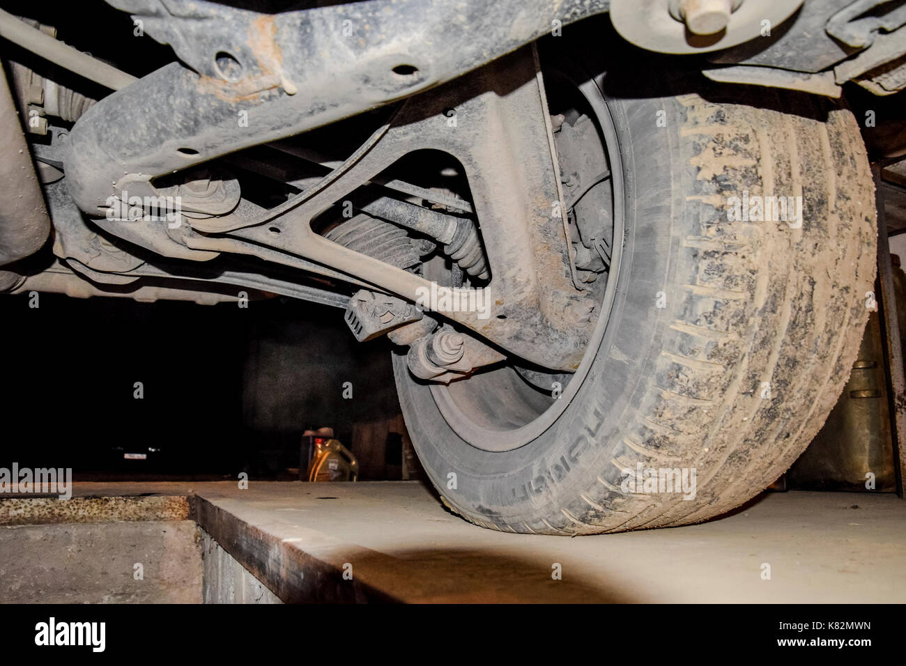 Rear wheel of the car with the elements of the suspension system. Car ...