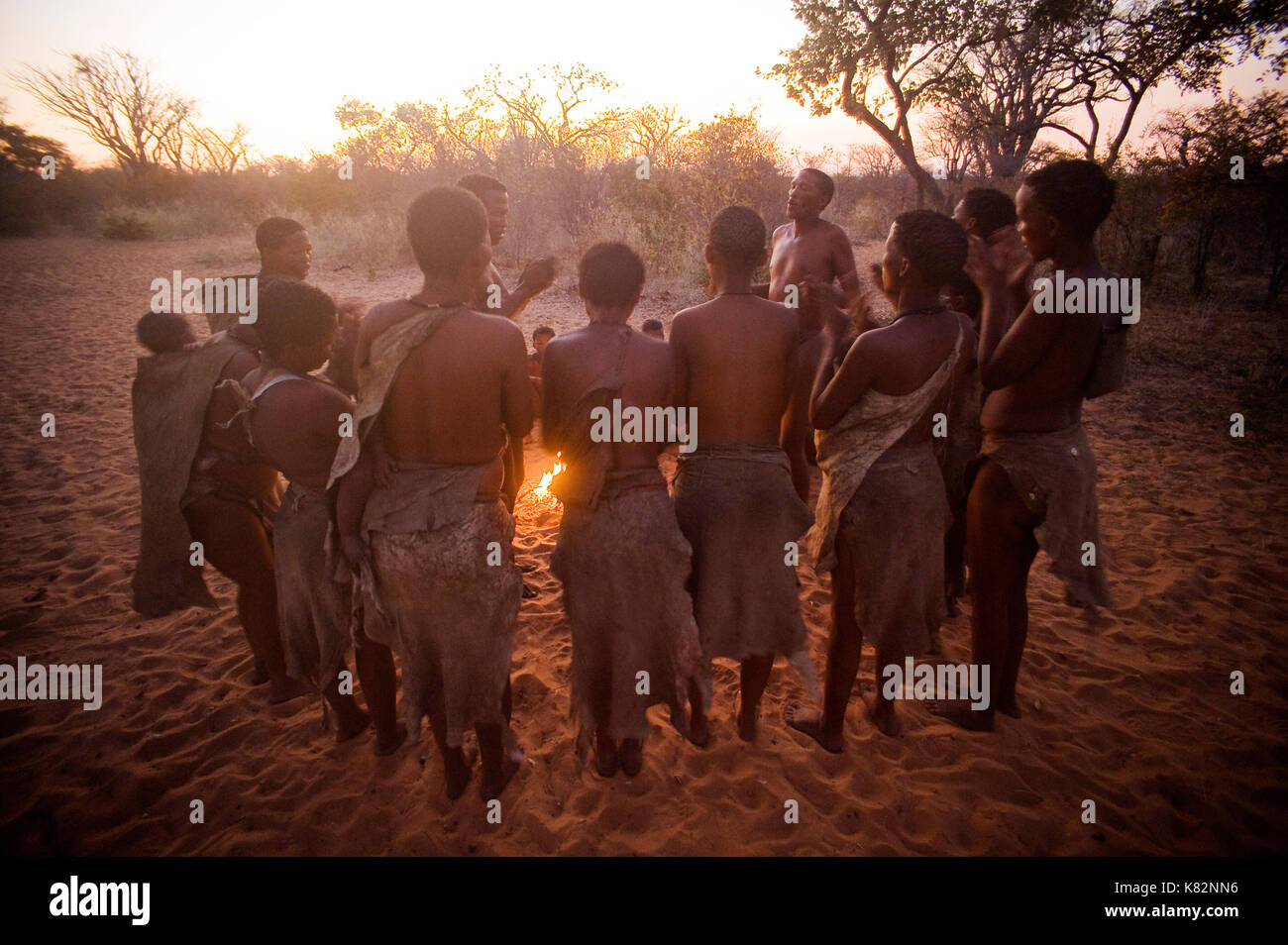 Ju/'Hoansi or San bushmen hunter dancing around camp fire at their ...