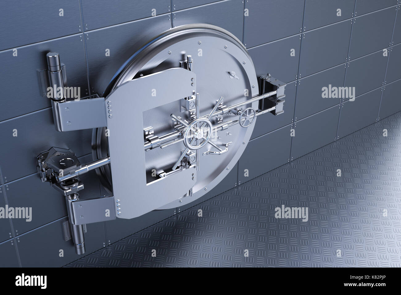 3d rendering metal bank vault on steel wall Stock Photo - Alamy