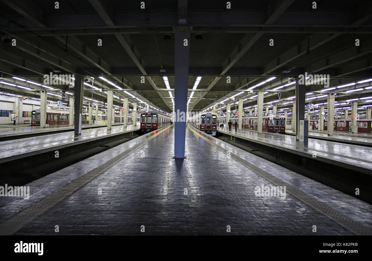 Hankyu Takarazuka Main Line train are arrived the station in osaka ...