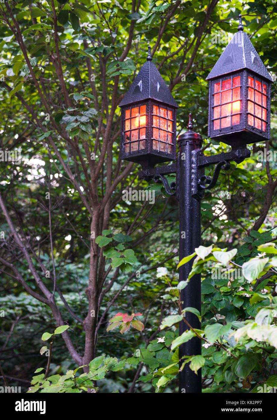 Elegant lamp posts with orange lights line paths at Busch Gardens ...