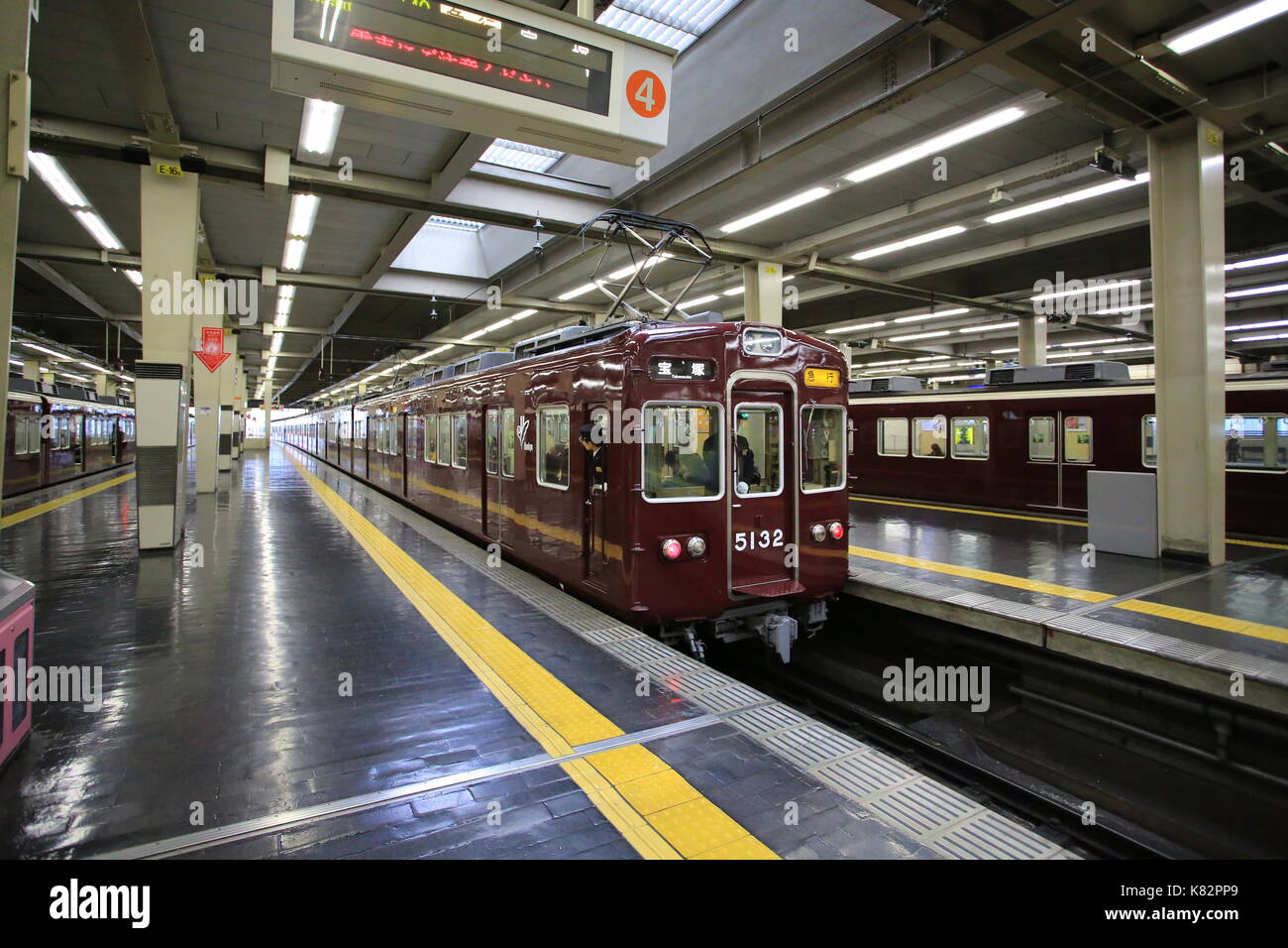 Hankyu Takarazuka Main Line train are arrived the station in osaka ...