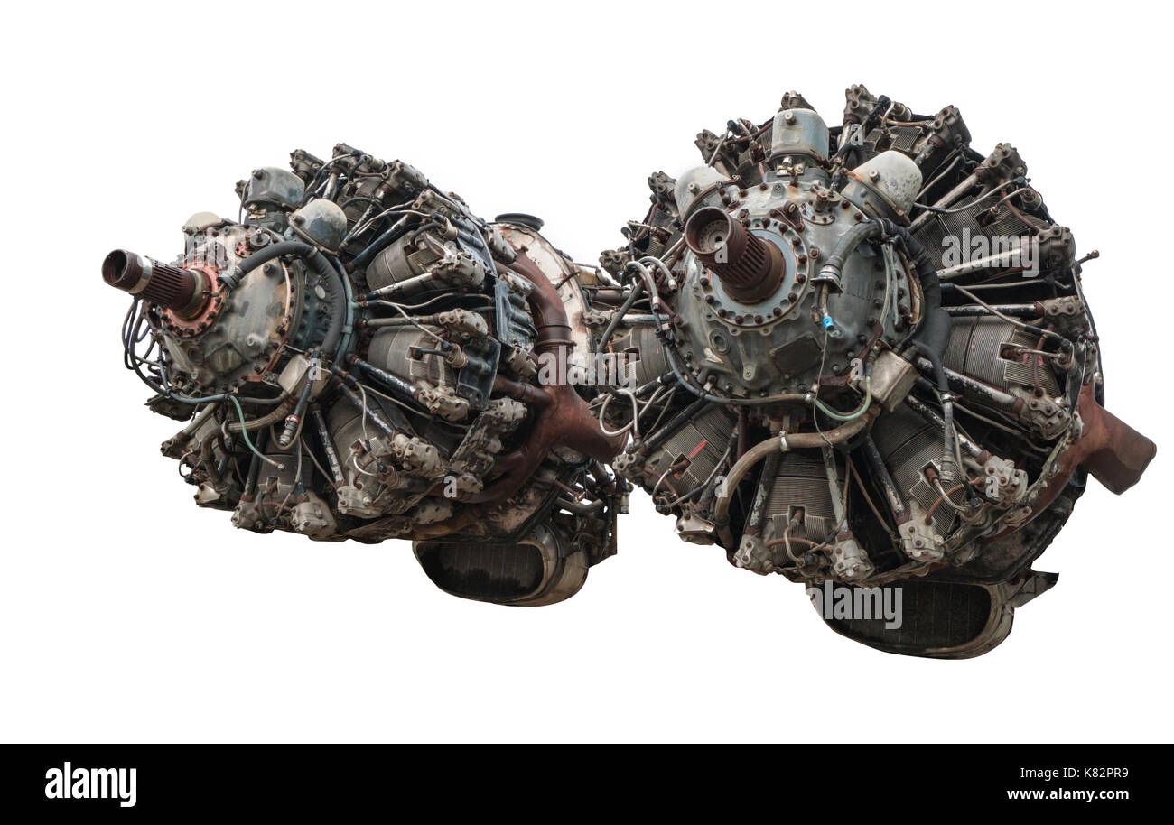 9 cylinder Radial Engine of old airplane isolated on white background ...