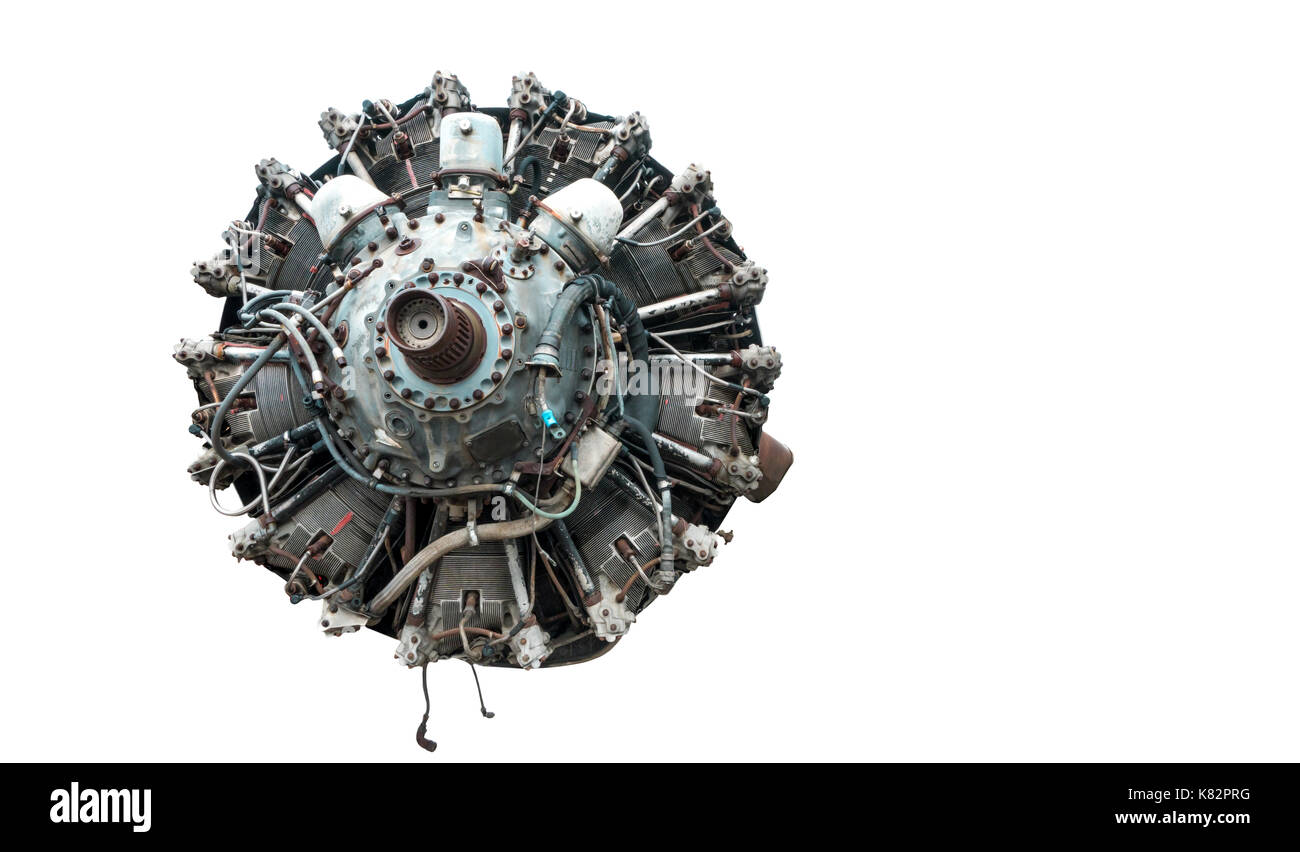 9 cylinder Radial Engine of old airplane isolated on white background ...