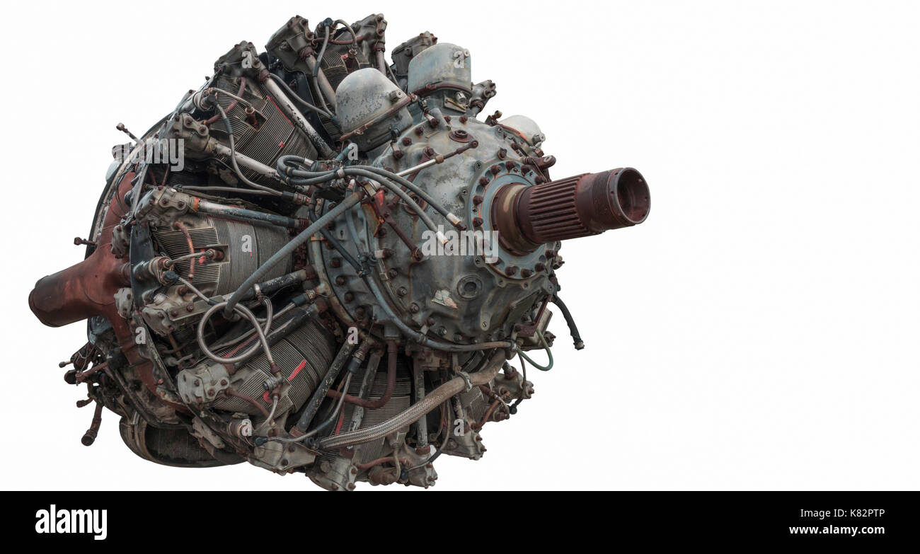 9 cylinder Radial Engine of old airplane isolated on white background ...