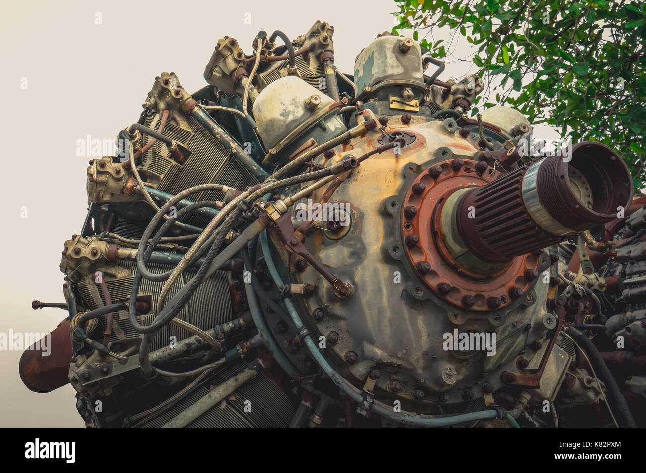 9 cylinder Radial Engine of old airplane,Vintage style Stock Photo - Alamy