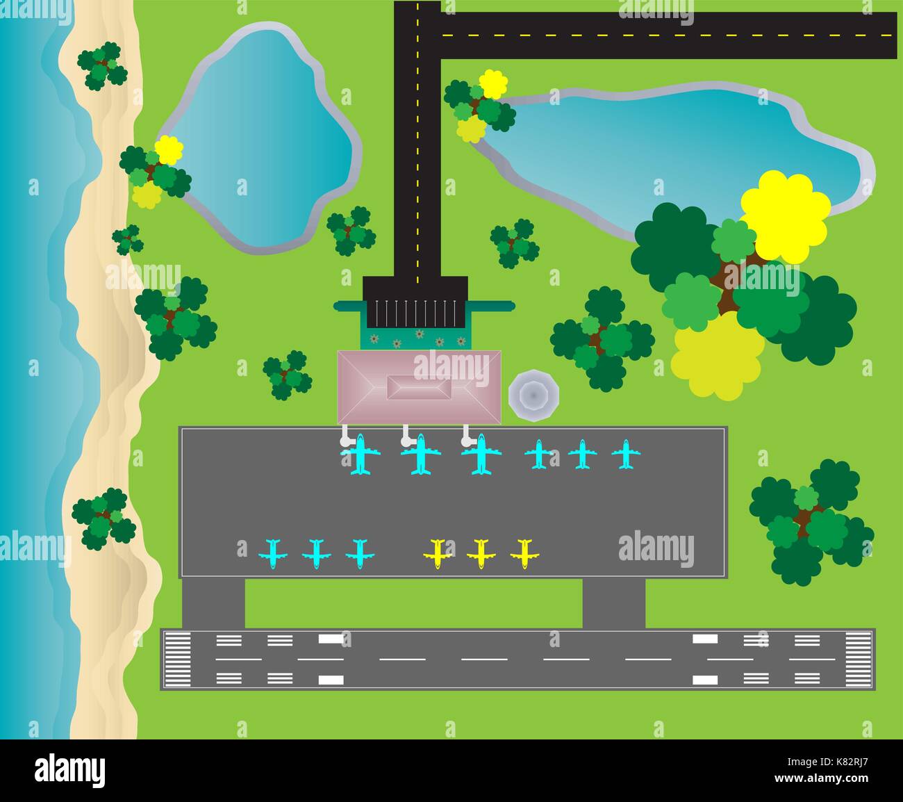 Airport Layout top View runway parking taxiway and Building Detail with ...