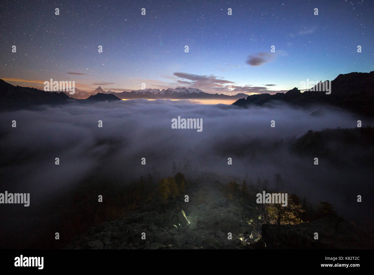 Sunrise on Mount Rosa and Matterhorn. Natural Park of Mont Avic. Valle ...