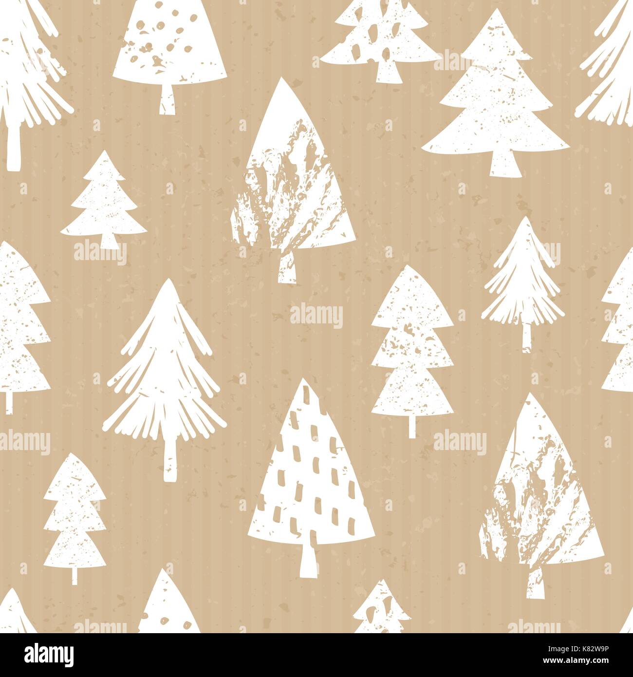 Seamless repeat pattern with hand drawn Christmas trees in white on ...