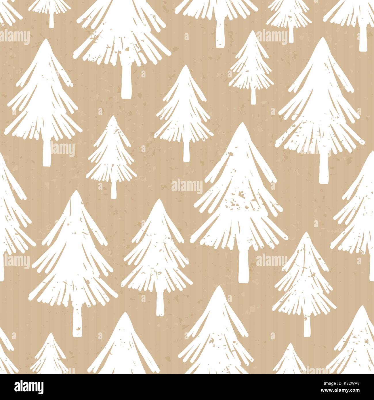 Seamless repeat pattern with hand drawn Christmas trees in white on ...